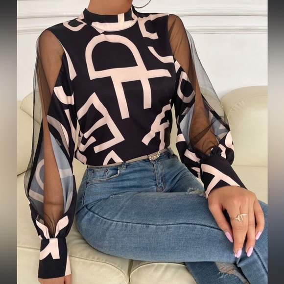 Tops | Classic Sheer Letters Alphabet Mesh Lace Long Sleeve Top Blouse ...